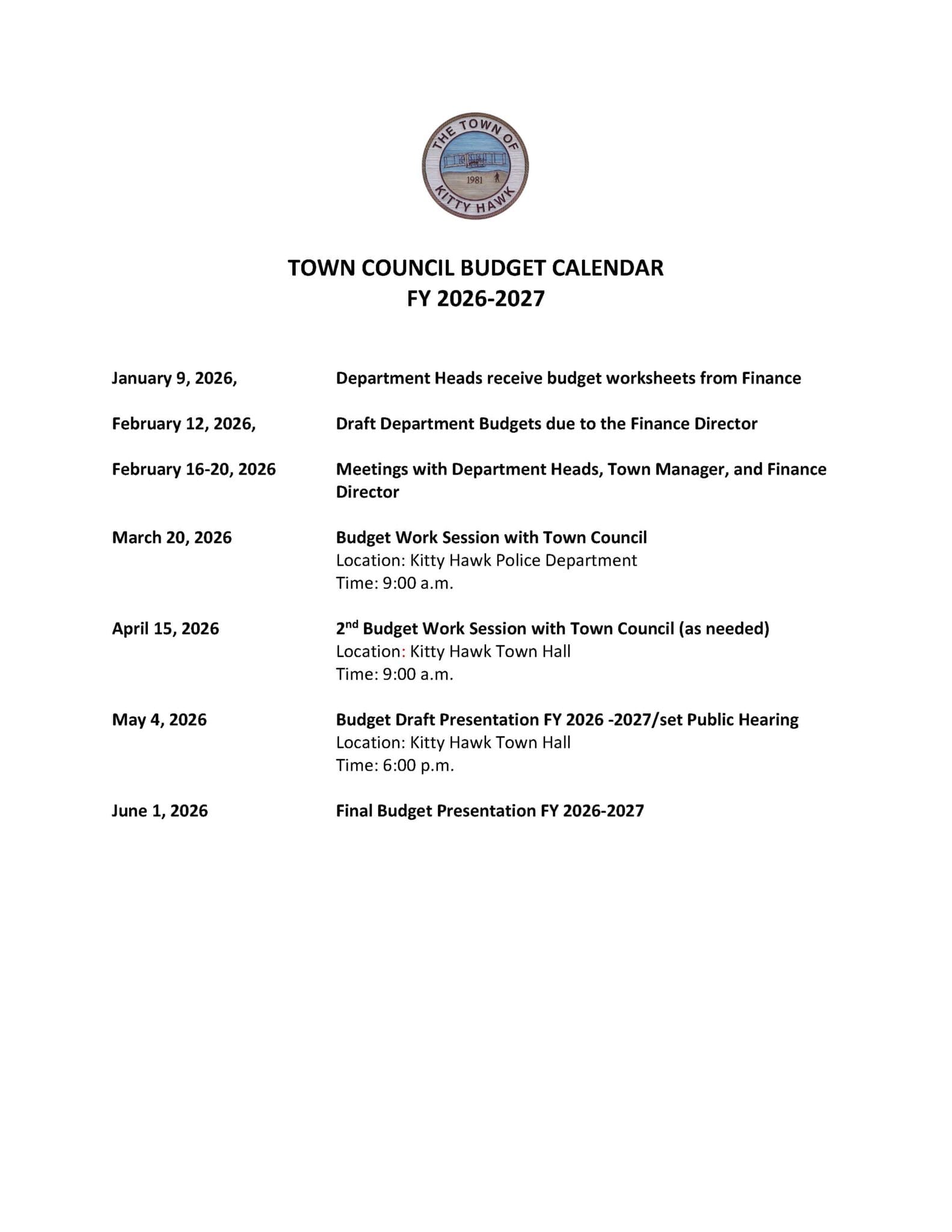 Town Budget Calendar 2026-2027 | Town of Kitty Hawk